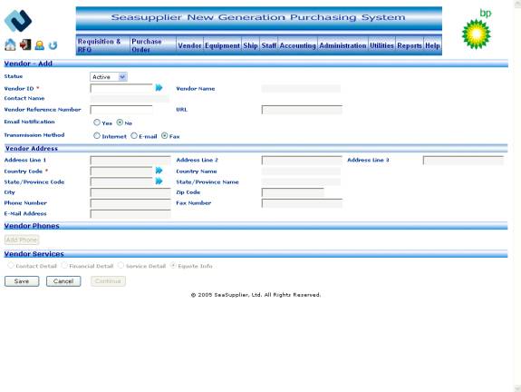 Vendor Master Maintenance Add/Edit Vendor screen